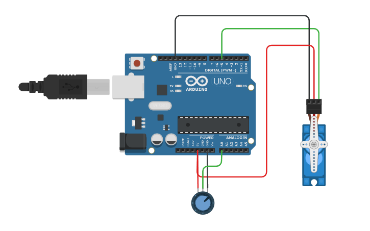 Circuit Design Controling Servo Motor Using Potentiometer Tinkercad