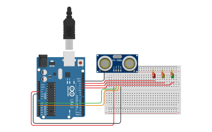 Circuit design Atividade Sensor Ultrassonico com Leds - Tinkercad