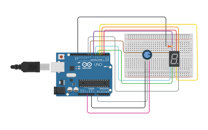 Circuit design Display de 7 segmentos e potenciômetro - Tinkercad