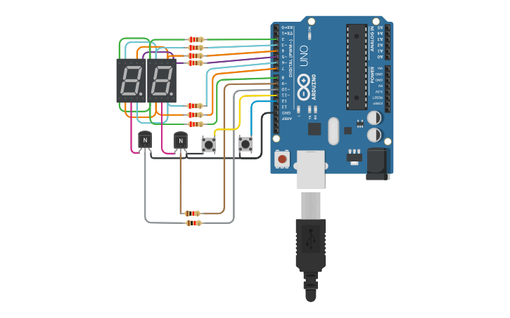 Circuit design CONTADOR DE PULSOS | Tinkercad