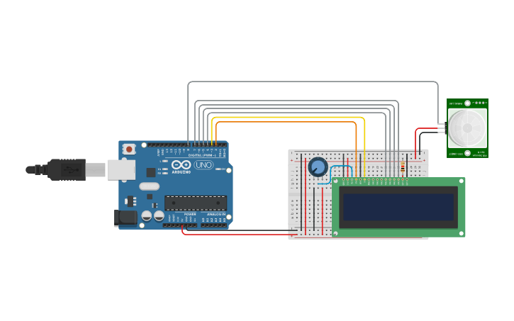 Circuit design proyecto de arduino con LCD y Sensor de movimiento - Tinkercad
