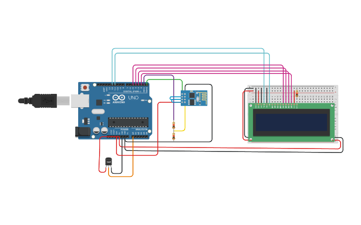 Circuit design ESP8266 with Thingspeak using Temperature sensor and LCD malli - Tinkercad