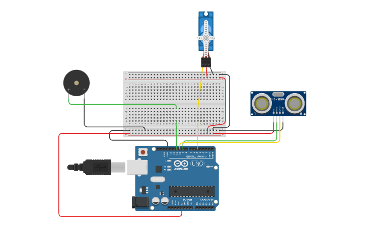 Circuit design ultrasonic sensor with buzzer and serv when dist b/w 20 ...