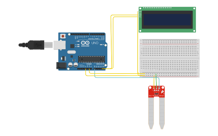 Circuit design Alcachupas - Soil Moisture Sensor with LCD - Tinkercad