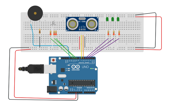 Circuit design sensor de proximidad para vehículos - Tinkercad