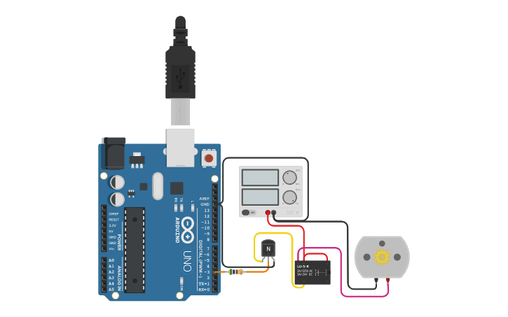 Circuit design Aula20 - Relé e Motor CC | Tinkercad