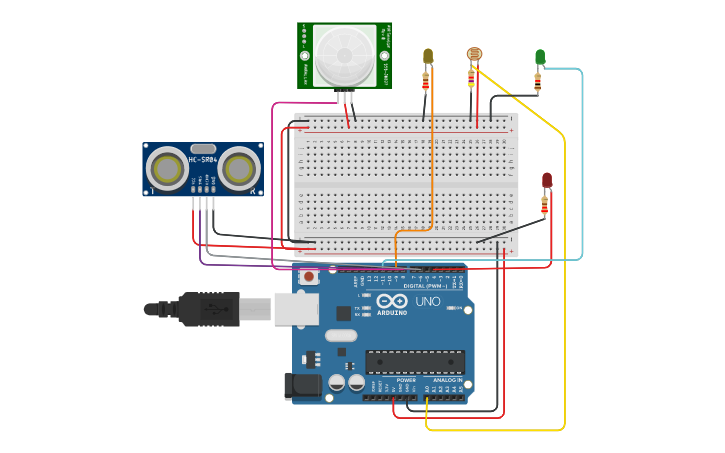 Circuit design 3 sensors with 3 leds - Tinkercad