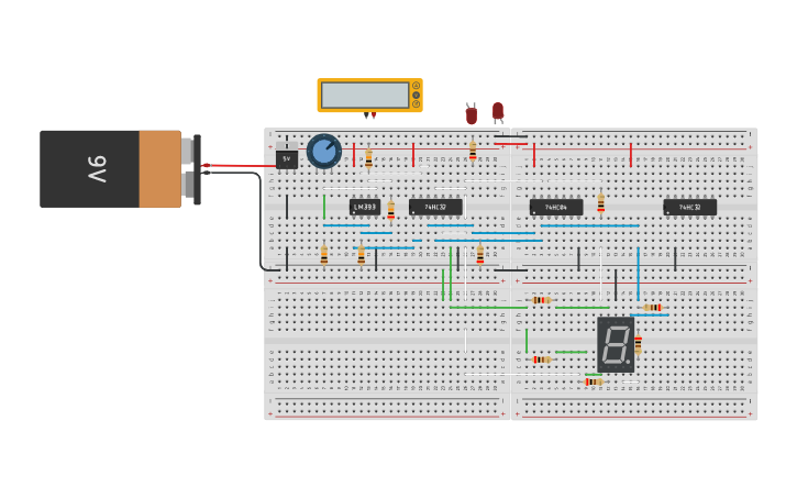 Circuit design LM393+line decoder->7-segments display - Tinkercad