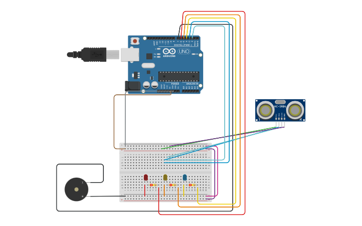 Circuit Design Ultrasonic Sensor With Led And Buzzer Tinkercad