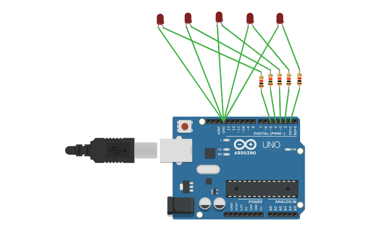 Circuit design LED in Sequence - Tinkercad