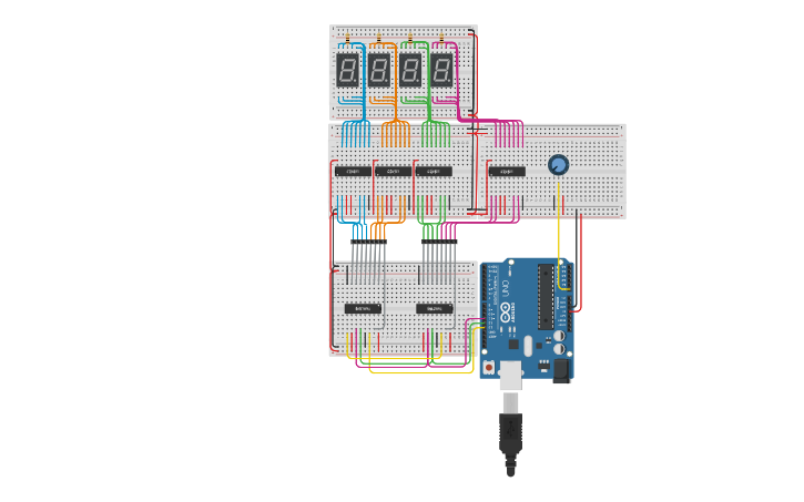 Circuit design Leitor de potenciômetro em display de sete segmentos - Tinkercad