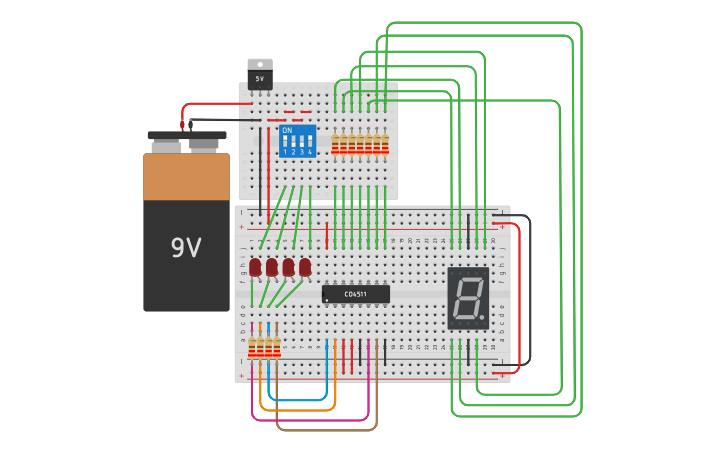Circuit design Decoder com DC4511 para display de 7 segmentos - Tinkercad Circuit design Decoder com DC4511 para display de 7 segmentos - Tinkercad