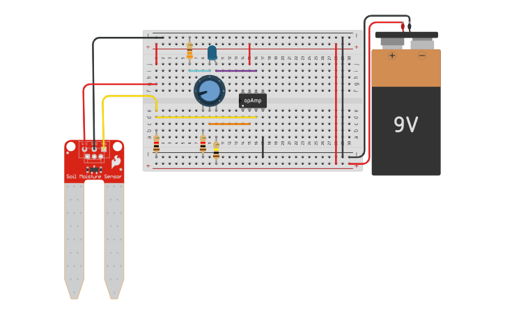 Circuit design Soil moisture sensor 741 - Tinkercad