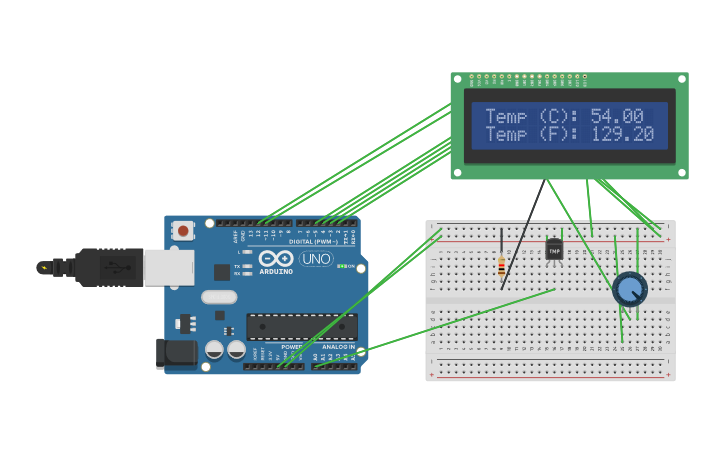 Circuit design TMP36 - Celsius and Farenheit - Tinkercad