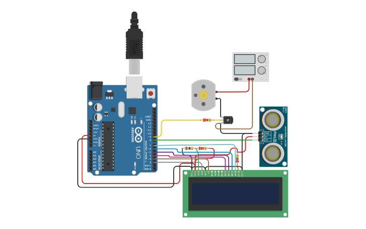 Circuit design Arduino 08 Ultrasonido y LCD - Tinkercad