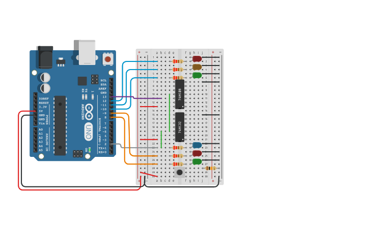 Circuit design Feux tricolores avec piétons ET-OU - Tinkercad