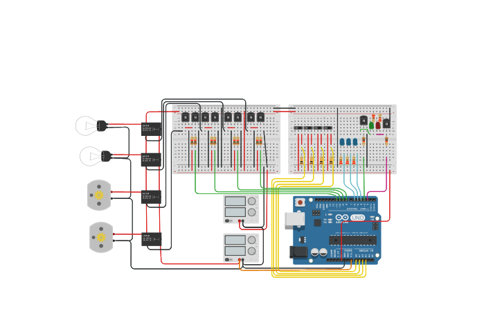 Circuit design Switch logic from binary array with relays & LED status - Tinkercad