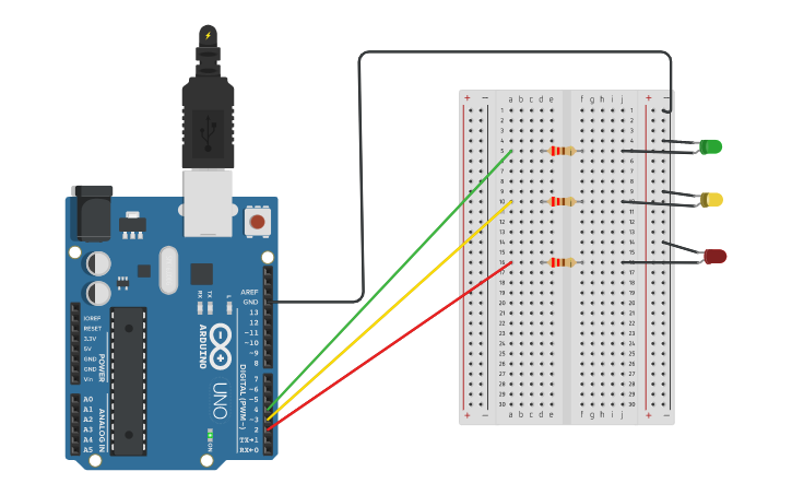 Circuit design TRAFIC LIGHT - Tinkercad Circuit design TRAFIC LIGHT - Tinkercad