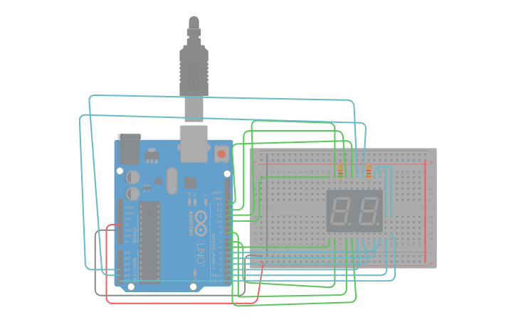 Circuit design 7 segment display 10 sec - Tinkercad