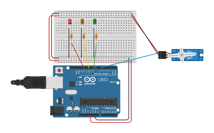 Circuit design Práctica 11.1- Servo con LEDs - Tinkercad