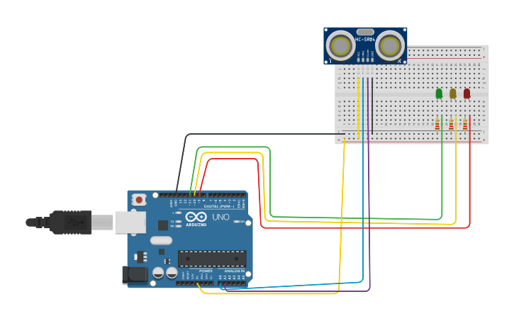 Circuit design sensor de distancia con led - Tinkercad