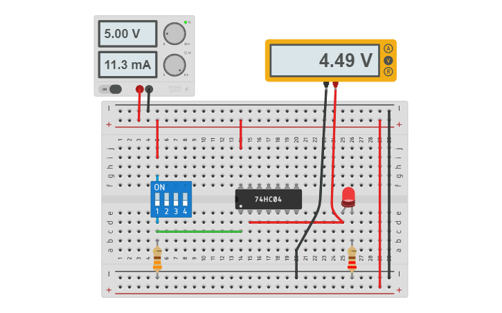 Circuit design Compuerta lógica NOT - Tinkercad