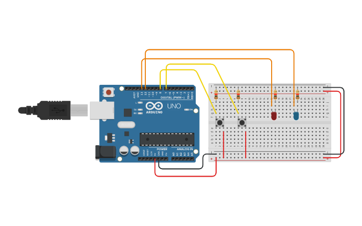 Circuit design Two Buttons Control Two LEDs - Tinkercad