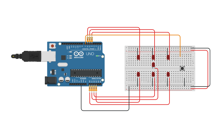 Circuit design Simulador de un dado con LEDS - Tinkercad