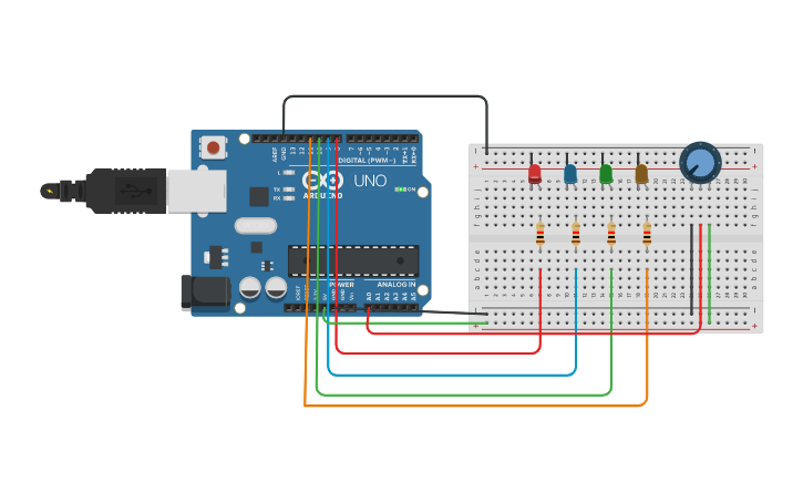 Circuit design AP4-POTENTIOMETER & LED INTERFACE | Tinkercad