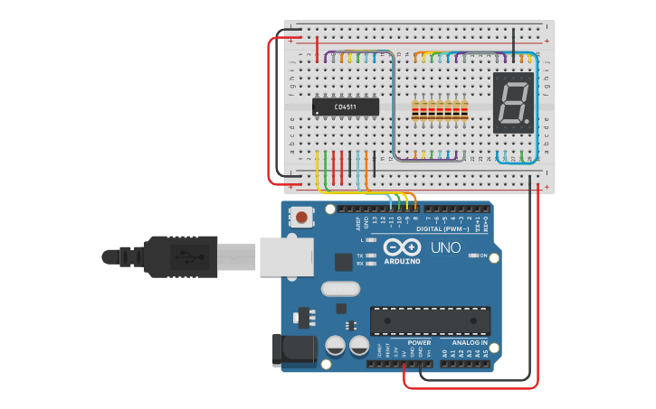 Circuit design 7-segment display with decoder - Tinkercad