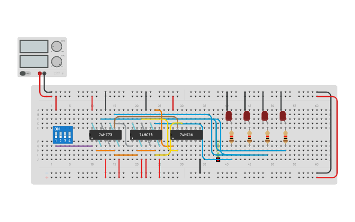 Circuit design Mod 14 Asynchronous up counter using JK FF - Tinkercad