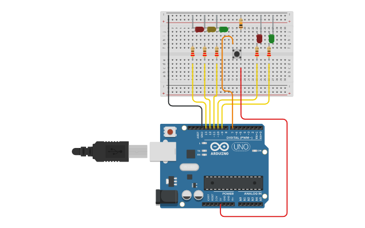Circuit design feu tricolore avec bouton - Tinkercad