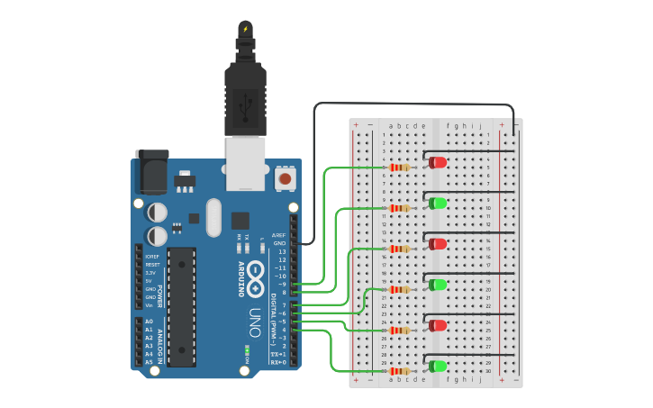 Circuit design Array Of Pin and Multi Action of Led | Tinkercad