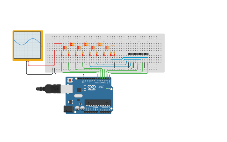 Circuit design DAC_8Bit_R2R_Ladder | Tinkercad