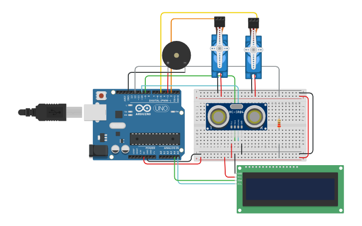 Circuit design Sensor ultrasónico con LCD 16x2 (I2C).. - Tinkercad