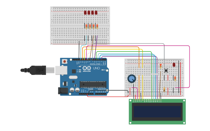 Circuit design LED+Button+LCD | Tinkercad