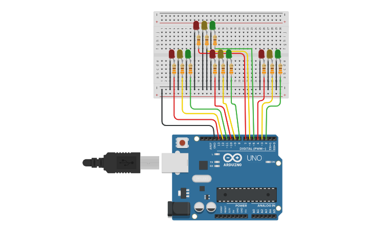 Circuit design Traffic light 4 way - Tinkercad