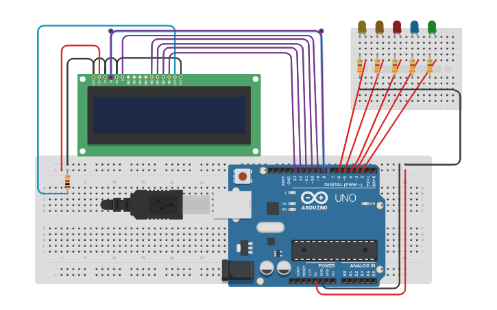 Circuit design 6to. Electronica - Circuito con LCD + LED's | Tinkercad