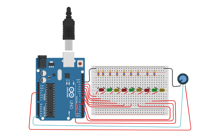 Circuit design Potenciômetro + LEDs Programa Blocos - Tinkercad