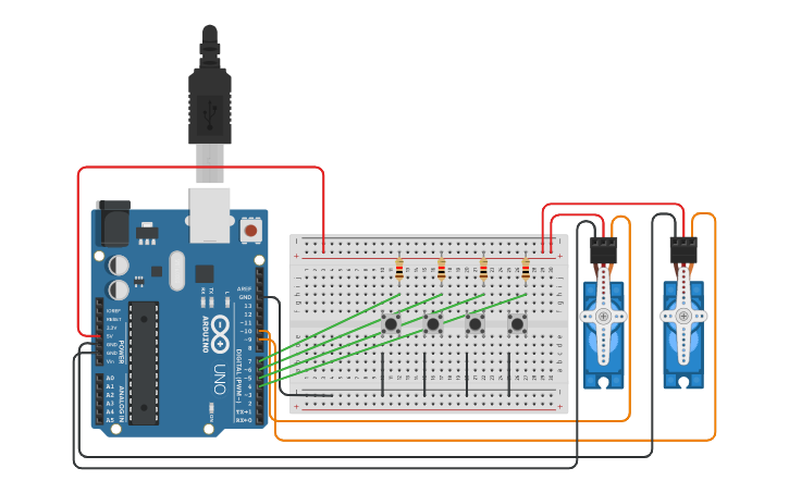 Circuit design 2 servos con pulsadores | Tinkercad