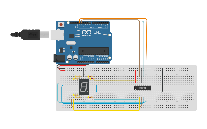 Circuit design Display 7 Segmentos con 74HC595 - Tinkercad