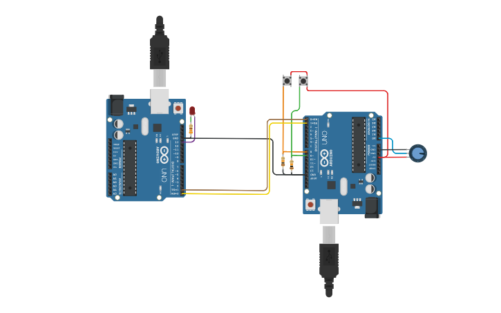 Circuit design AULA Serial dois ARDUINOS numero ASCII | Tinkercad