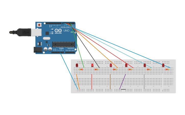 Circuit design Accensione di led in sequenza - Tinkercad