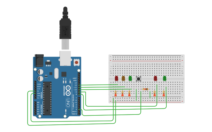 Circuit design feu tricolore avec pieton RV session 3 - Tinkercad