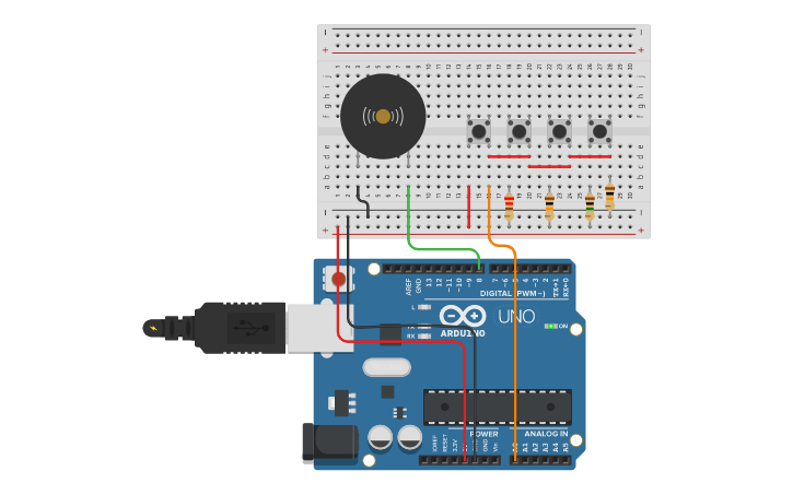 Circuit design Piano, piezo. | Tinkercad