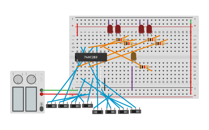 Circuit design 4-bit Adder - Tinkercad