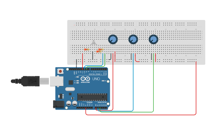 Circuit design 1 RGB LED with 3 Potentiometers Map | Tinkercad