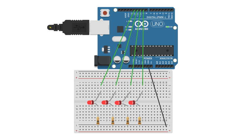 Circuit design LEDs flash - Tinkercad