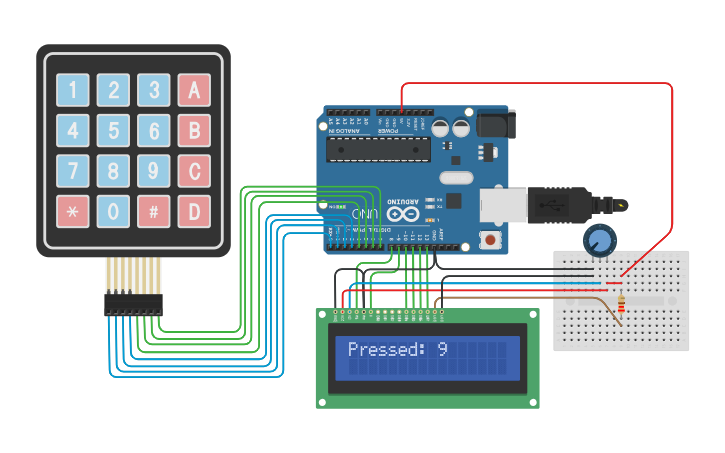 Circuit design Keyboard and 16x2 display - Tinkercad