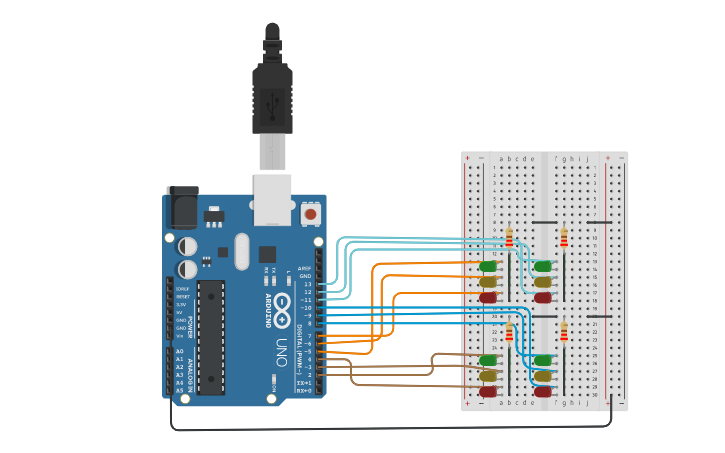 Circuit design Proyecto final - 4 semáforos - Tinkercad